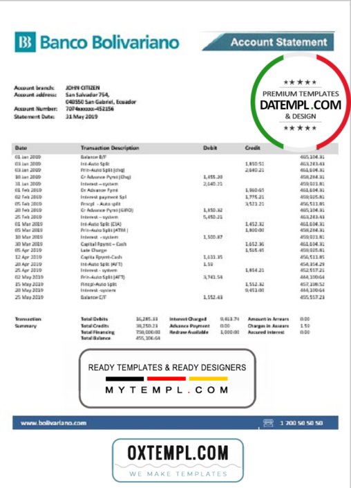 Ecuador Banco Bolivariano proof of address bank statement template in Word and PDF format ...