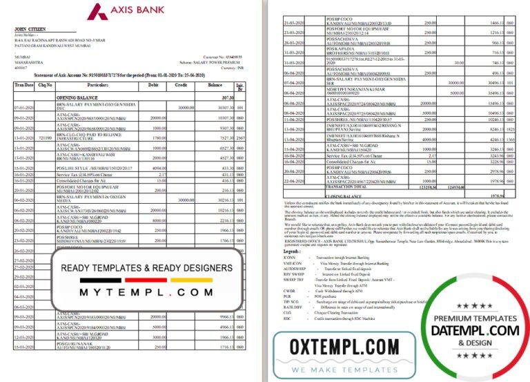 India Axis Bank statement template in .xls and .pdf file format (2 pages) | download at gotempl.pro