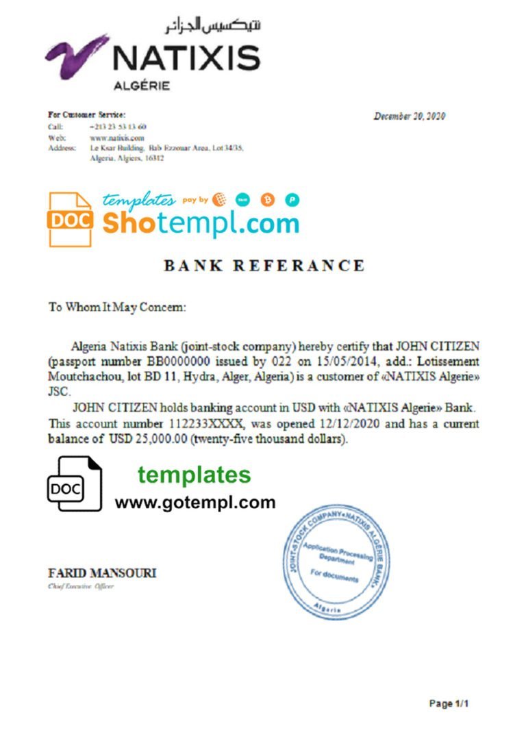 Algeria Natixis Algerie bank reference letter template in Word and PDF ...