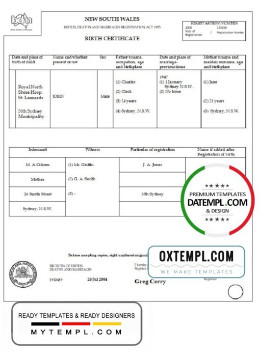 Australia New South Wales birth certificate template in Word format ...