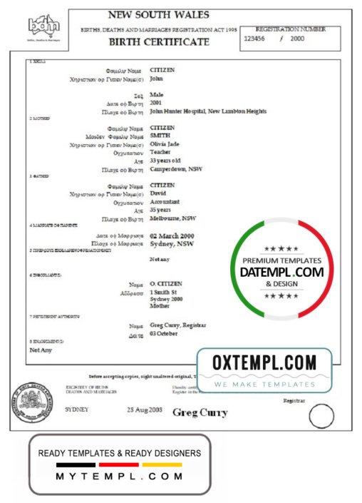Australia New South Wales birth certificate template in Word format ...