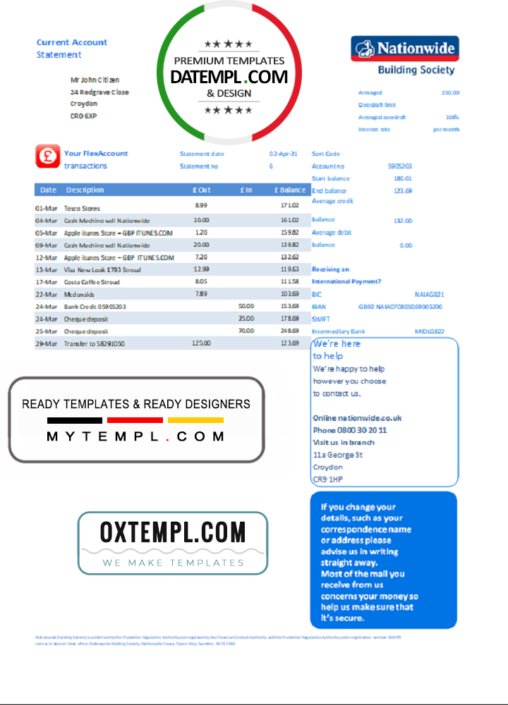 United Kingdom Nationwide bank statement template in Excel and PDF file ...