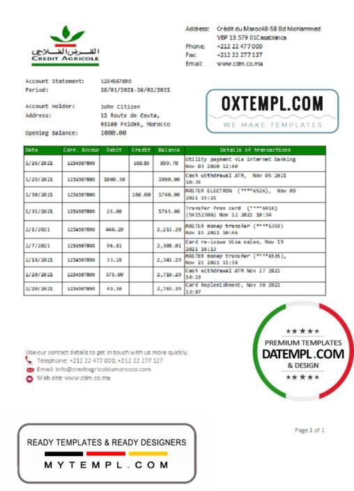 Morocco Credit Agricole Bank statement template in Excel and PDF format | download at gotempl.pro