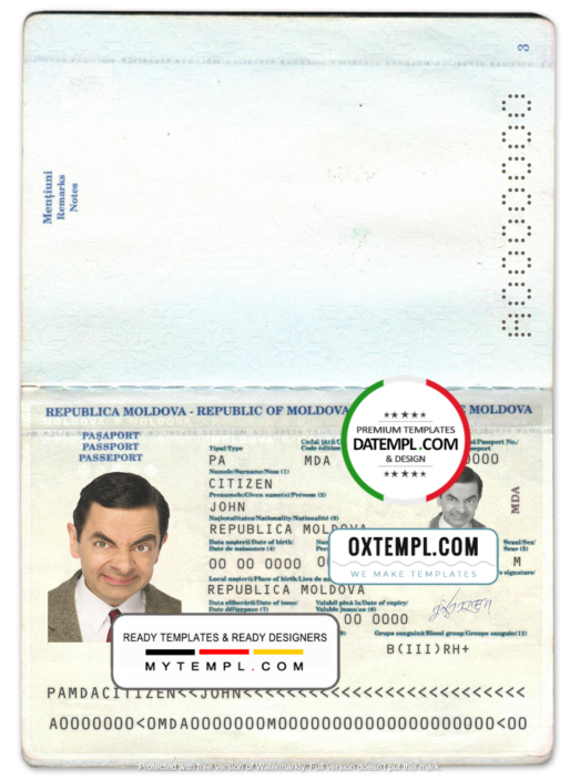 Moldova passport template in psd format, 2011-2014
