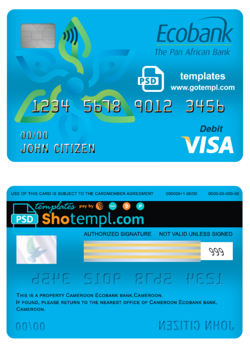 Cameroon Ecobank bank visa card debit card template in PSD format ...
