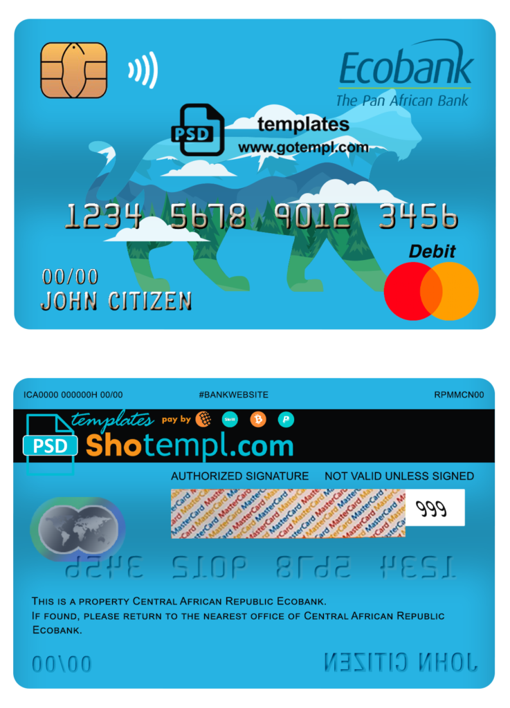 Central African Republic Ecobank mastercard debit card template in PSD ...