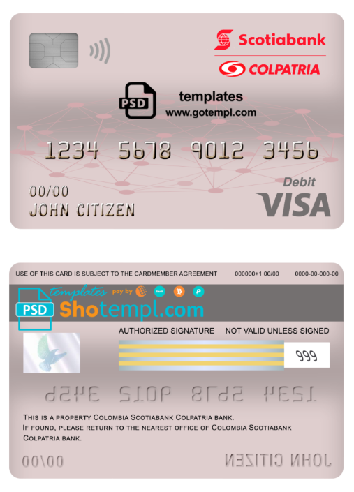Colombia Scotiabank Colpatria bank visa card debit card template in PSD ...