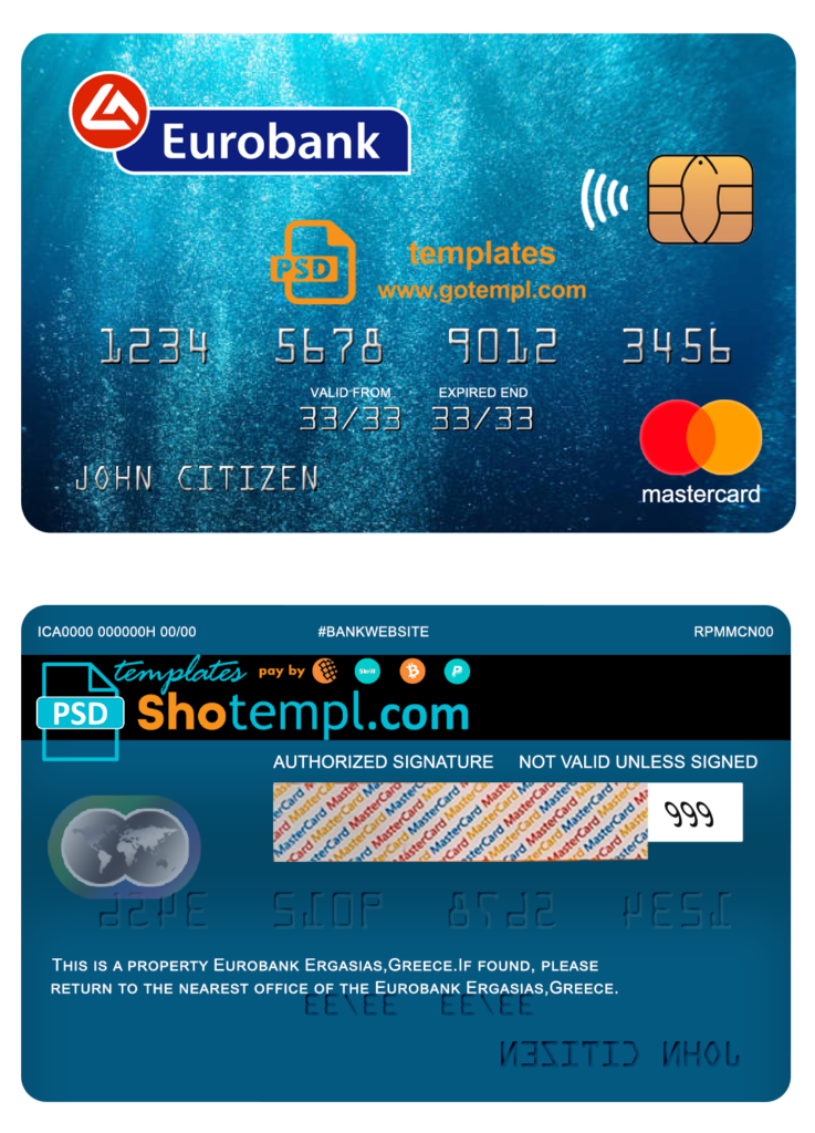 Greece Eurobank Ergasias bank mastercard template in PSD format, fully ...