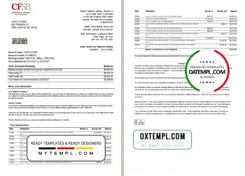 USA New York CFSB bank statement template in Excel and PDF format, 2 ...