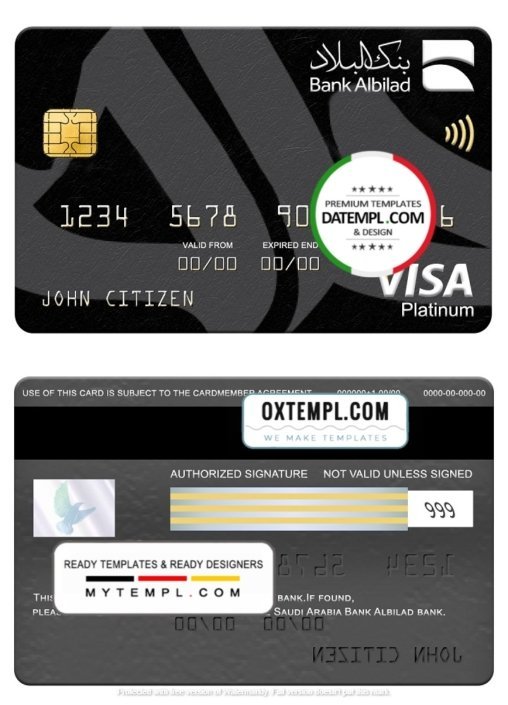 Saudi Arabia Bank Albilad bank visa platinum card, fully editable ...
