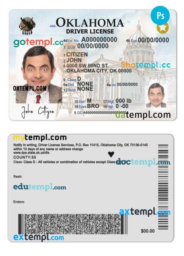 USA Oklahoma driving license template in PSD format, fully editable ...