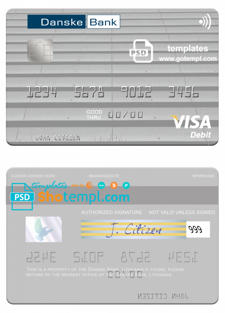 Lithuania Danske Bank visa card fully editable template in PSD format ...