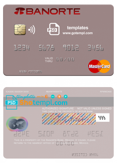 Mexico Banorte bank mastercard credit card template in PSD format ...