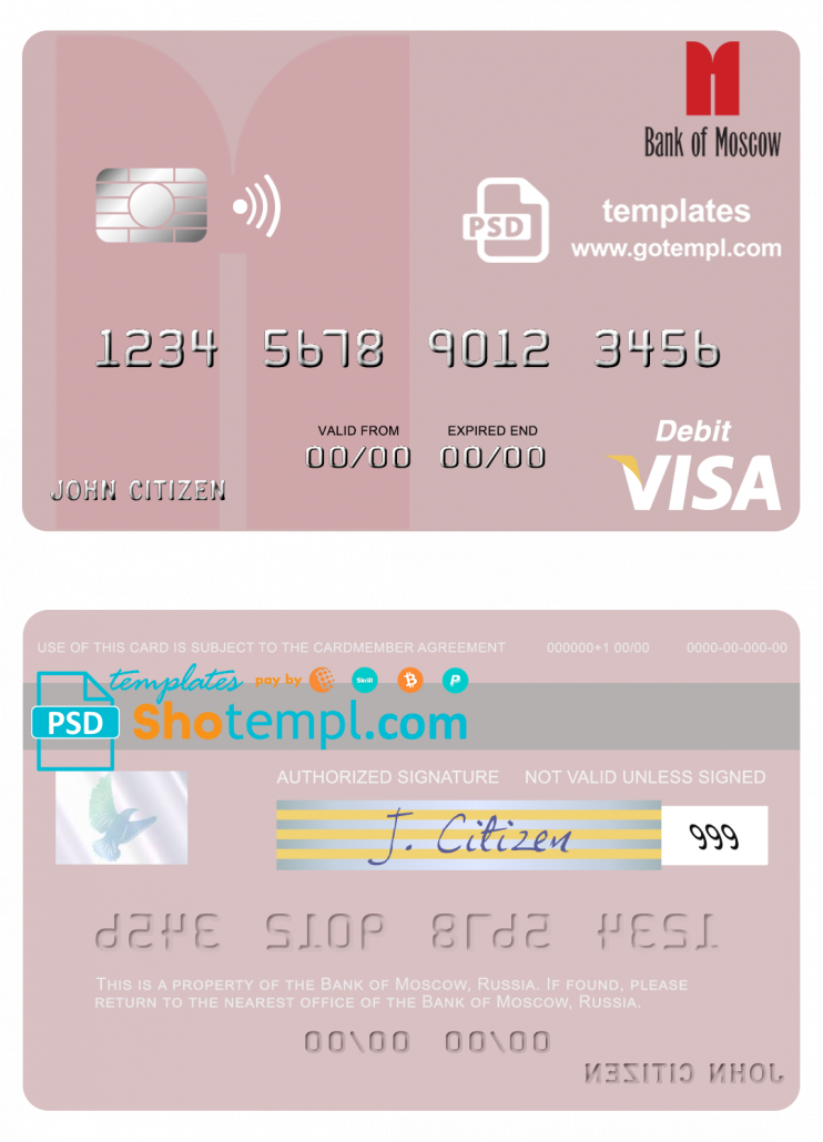 Russia Bank of Moscow visa debit card, fully editable template in PSD ...