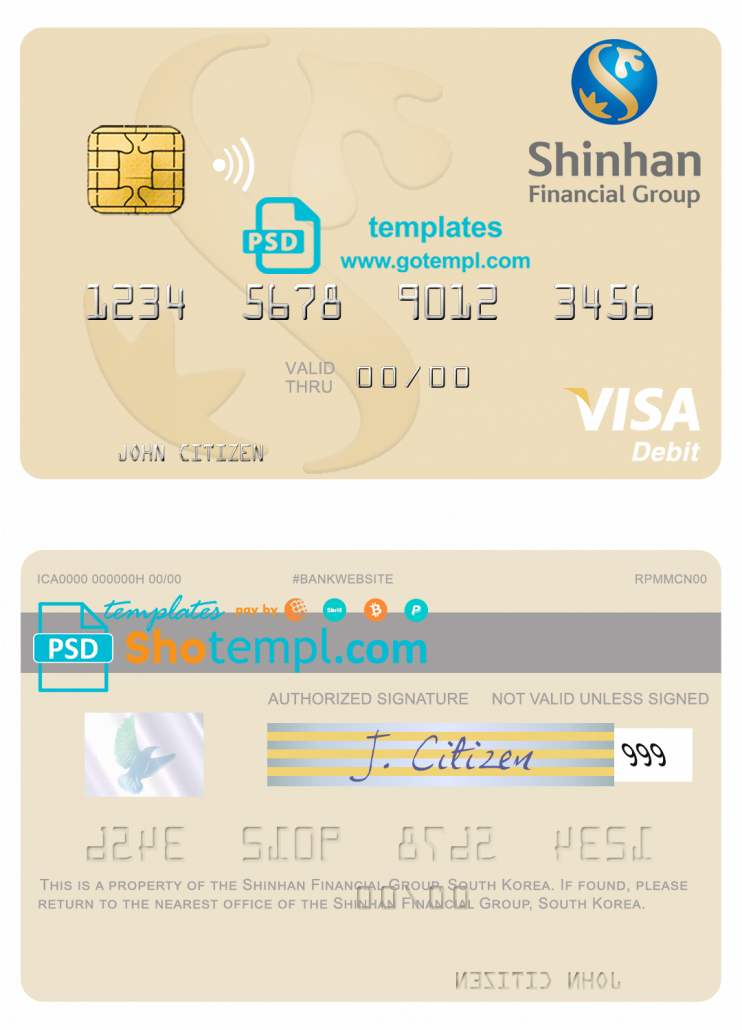 South Korea Shinhan Financial Group visa debit card template in PSD ...