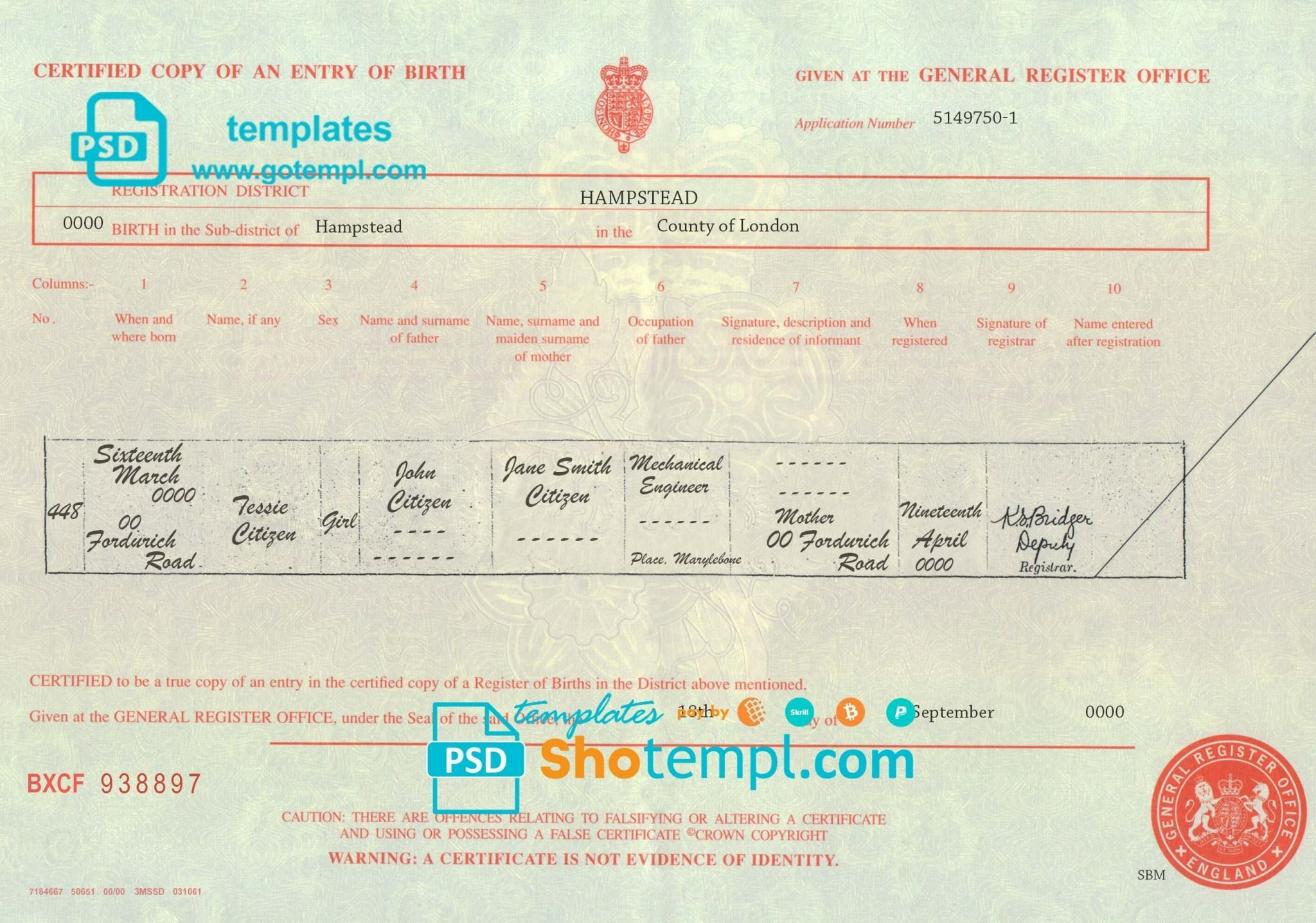 United Kingdom birth certificate template in PSD format, fully editable ...