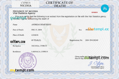 Cyprus vital record death certificate PSD template | download at gotempl.pro