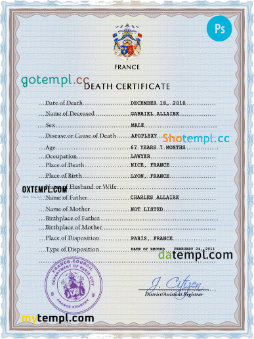 France vital record death certificate PSD template, completely editable ...
