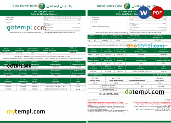 UAE Dubai Islamic bank statement template in Word and PDF format in ...
