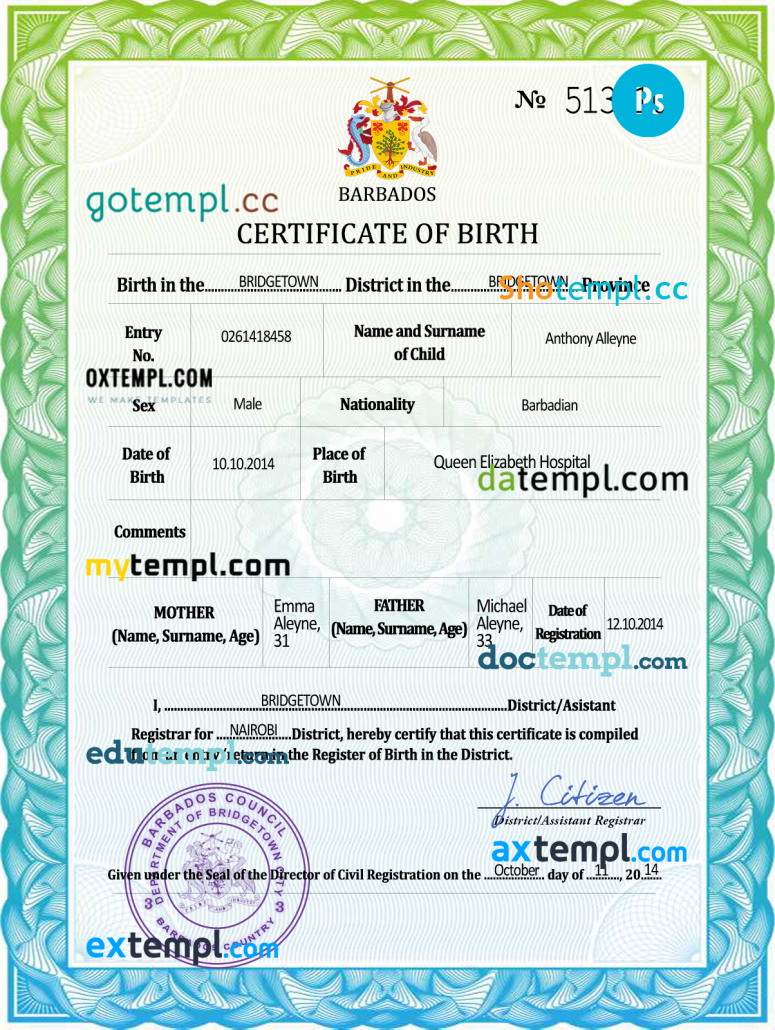 Barbados vital record birth certificate PSD template, completely ...