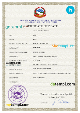 Nepal vital record death certificate PSD template, completely editable ...
