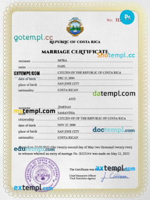 Costa Rica marriage certificate PSD template, fully editable – GOTEMPL ...