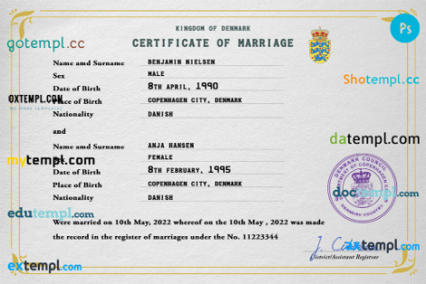 Denmark marriage certificate PSD template, completely editable ...