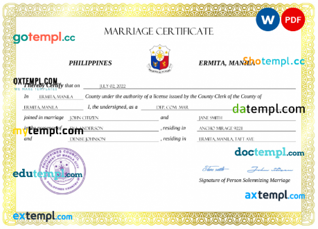 Philippines marriage certificate Word and PDF template, completely ...