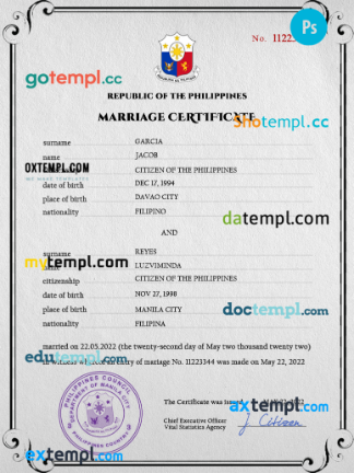 Philippines marriage certificate PSD template, completely editable ...