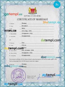 Singapore marriage certificate PSD template, completely editable | download at gotempl.pro