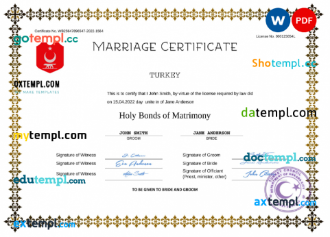 Turkey marriage certificate Word and PDF template, completely editable ...