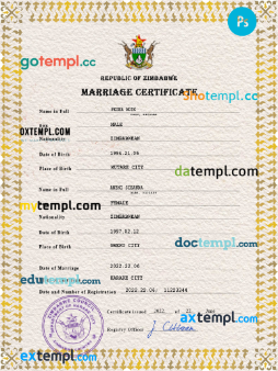 Zimbabwe marriage certificate PSD template, completely editable ...