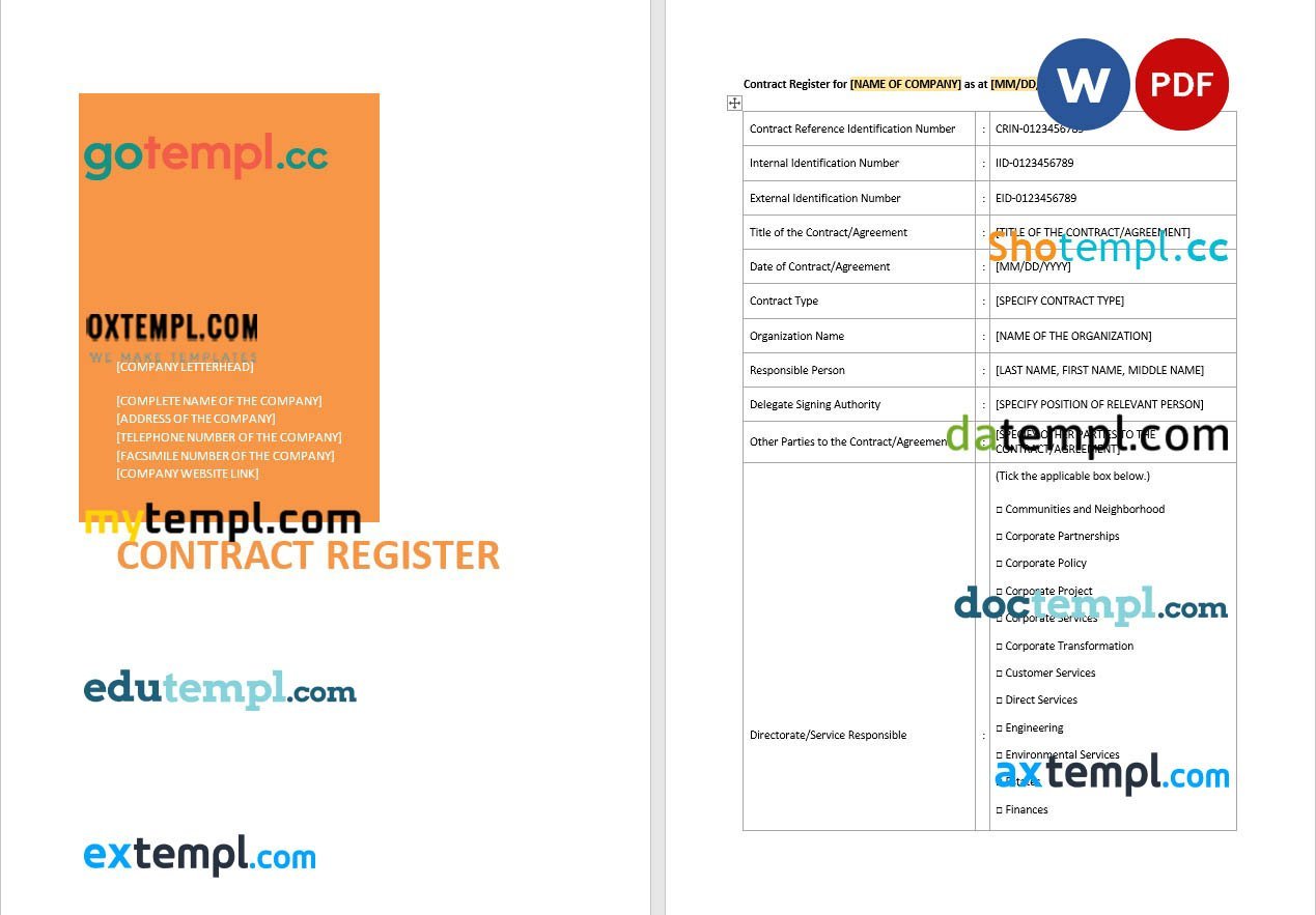 free contract register template, Word and PDF format | download at ...