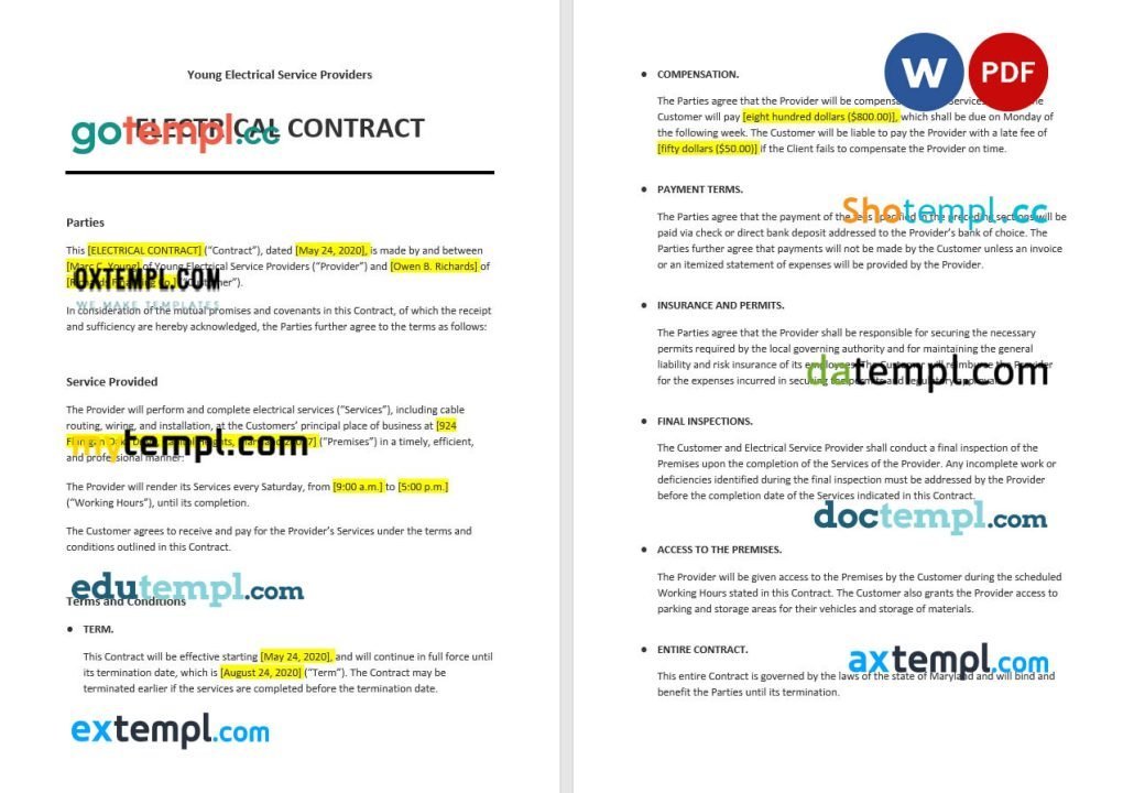 free electrical contract template, Word and PDF format – GOTEMPL ...
