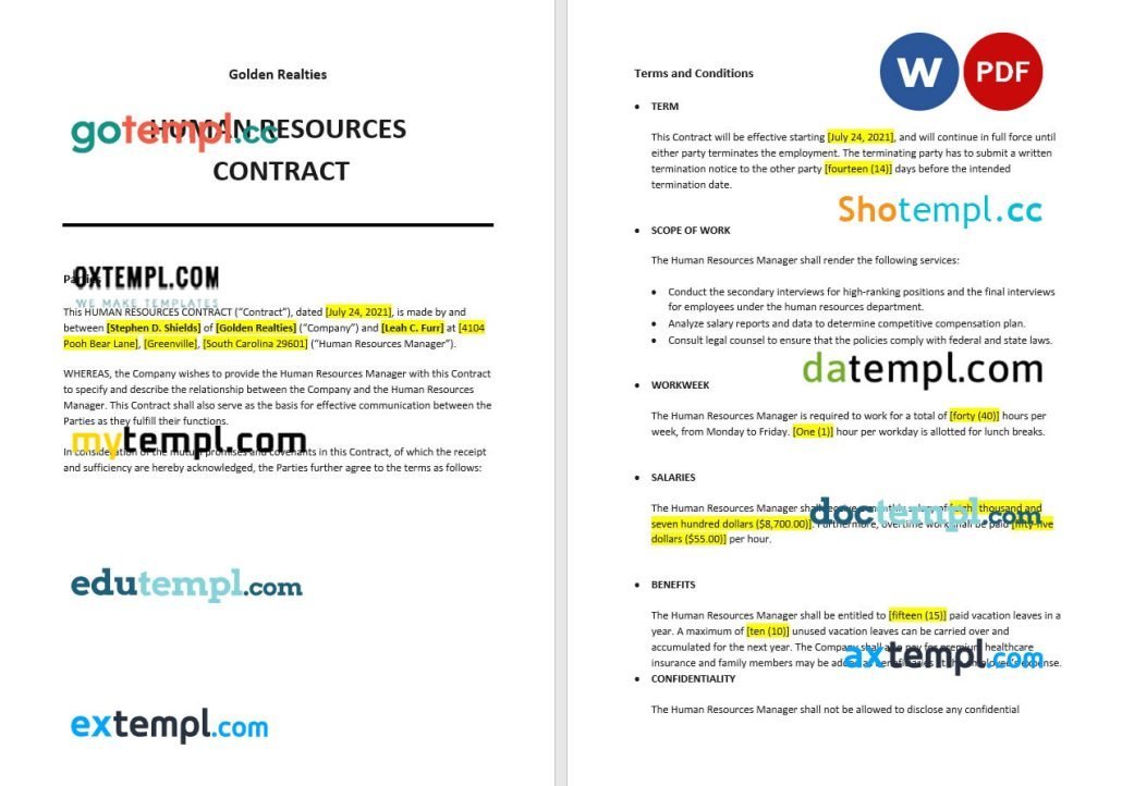 free HR contract template, Word and PDF format | download at gotempl.pro