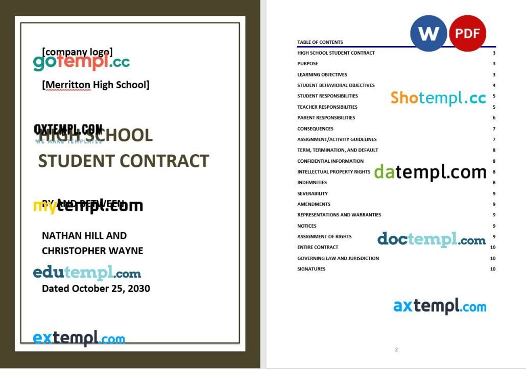 free high school student contract template, Word and PDF format ...