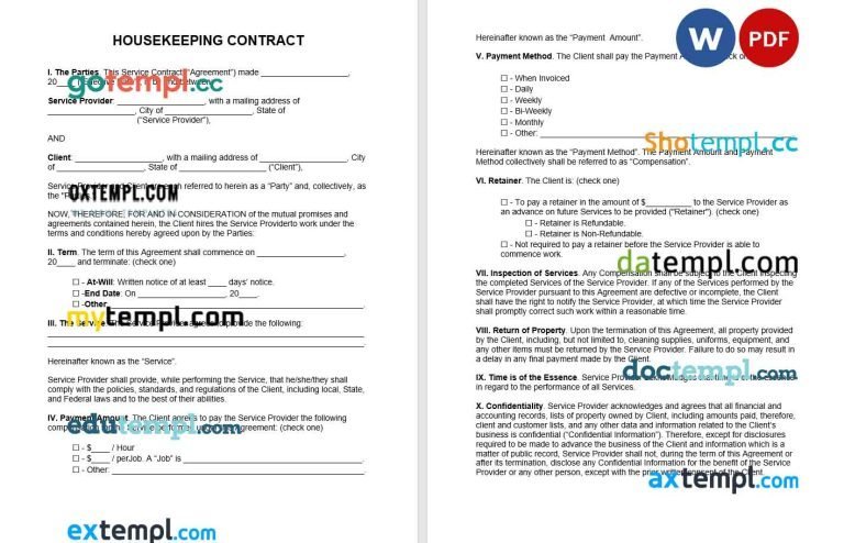 free housekeeping contract template, Word and PDF format | download at ...
