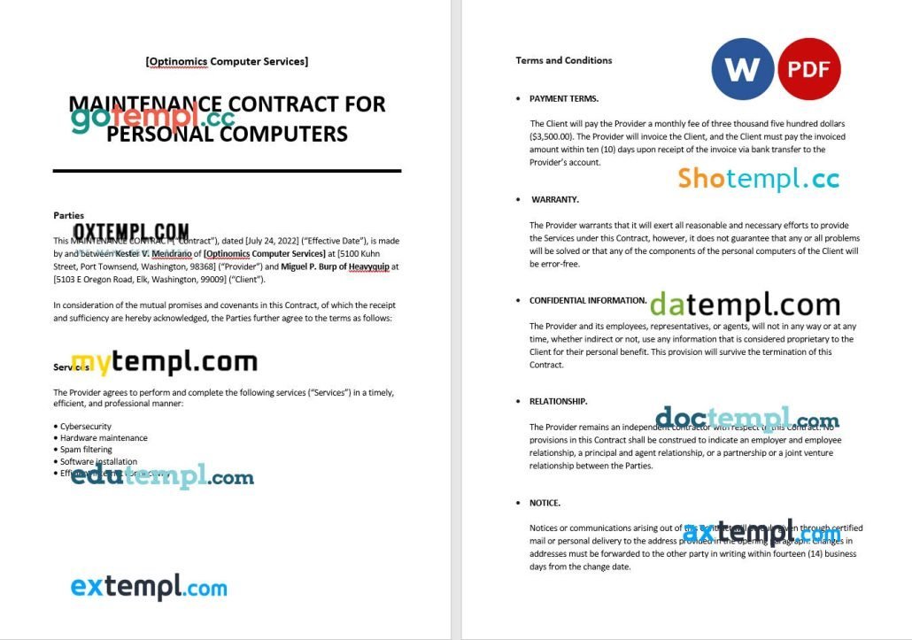 free Maintenance contract for personal computers template, Word and PDF ...