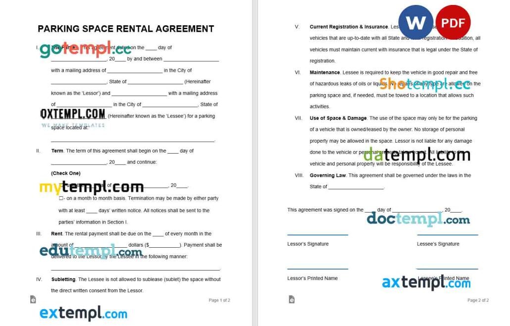 free parking space rental agreement template, Word and PDF format ...