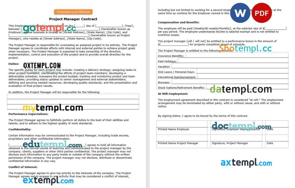 free project manager contract template, Word and PDF format | download ...