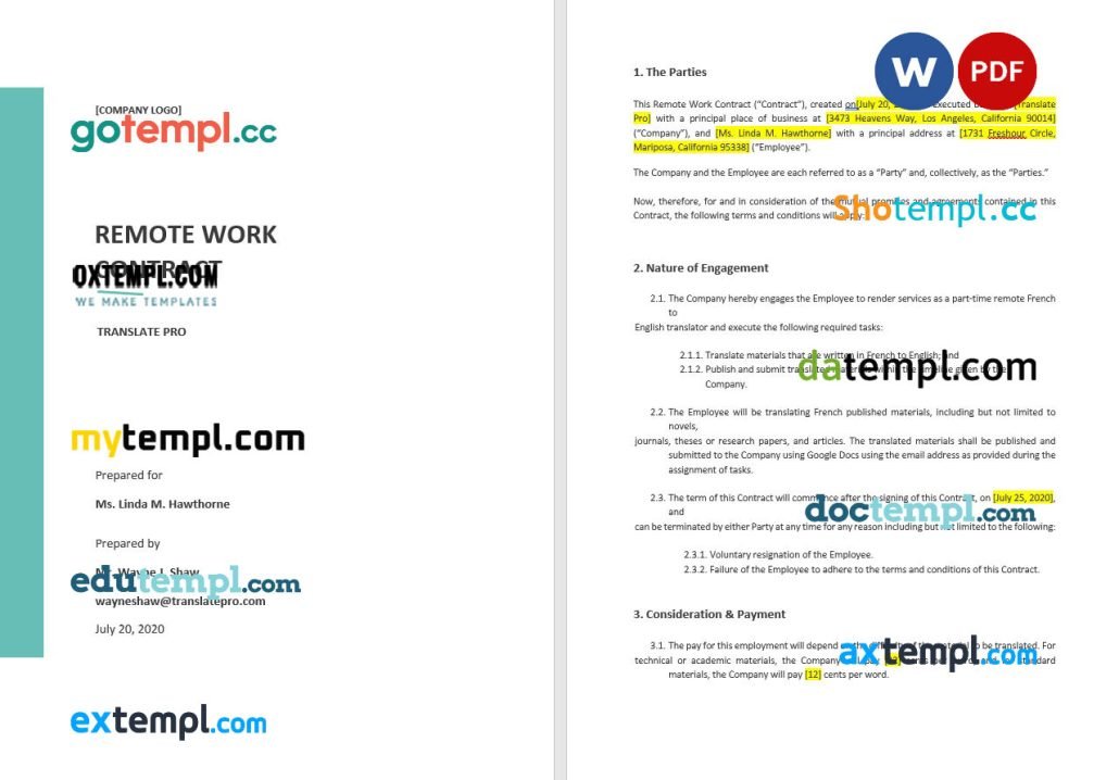 free remote work contract template, Word and PDF format | download at ...