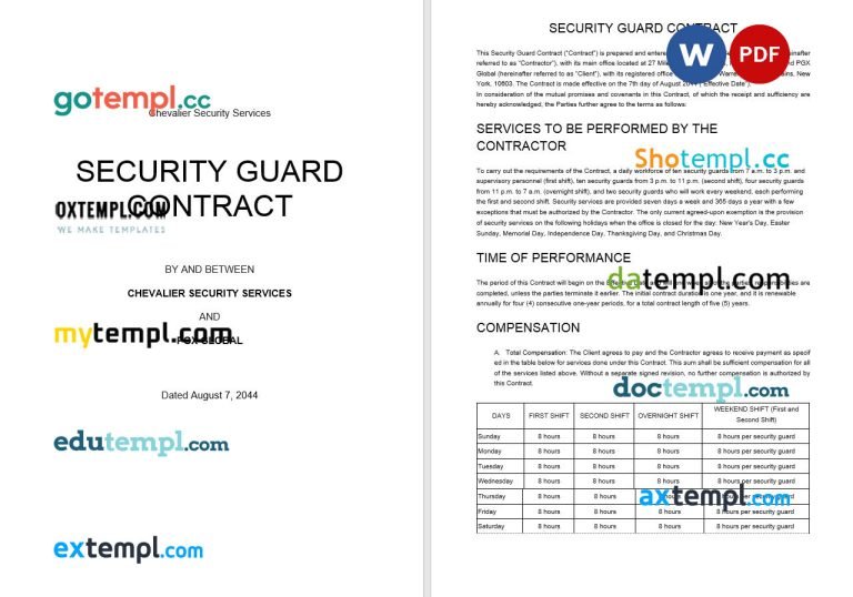 free security guard contract template, Word and PDF format – GOTEMPL ...