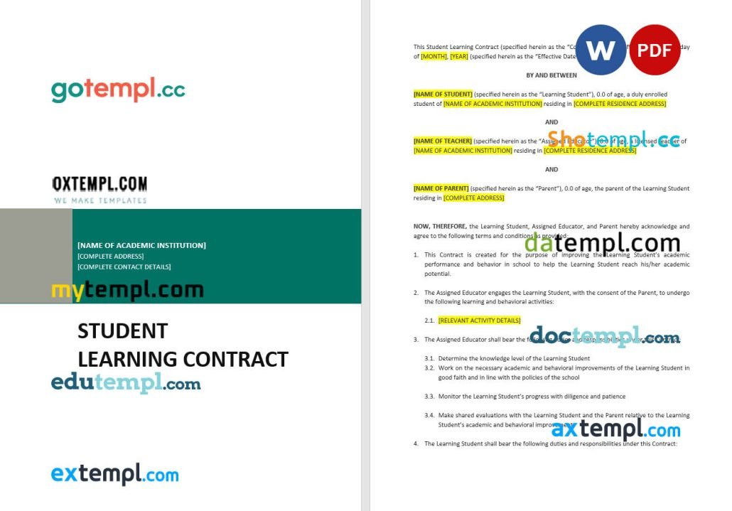 free student learning contract template, Word and PDF format | download ...