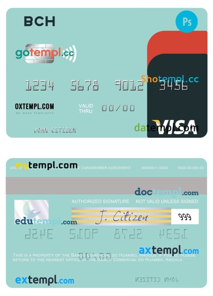 Angola Banco Comercial do Huambo visa card template in PSD format