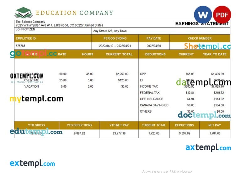 Education company fully editable payslip template in Word and PDF ...