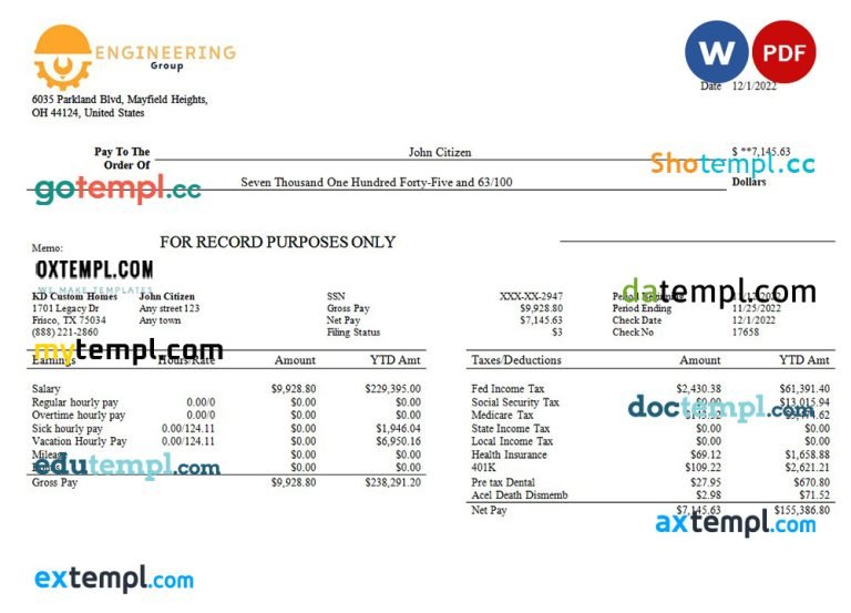 Engineering company payslip template in Word and PDF formats | download ...