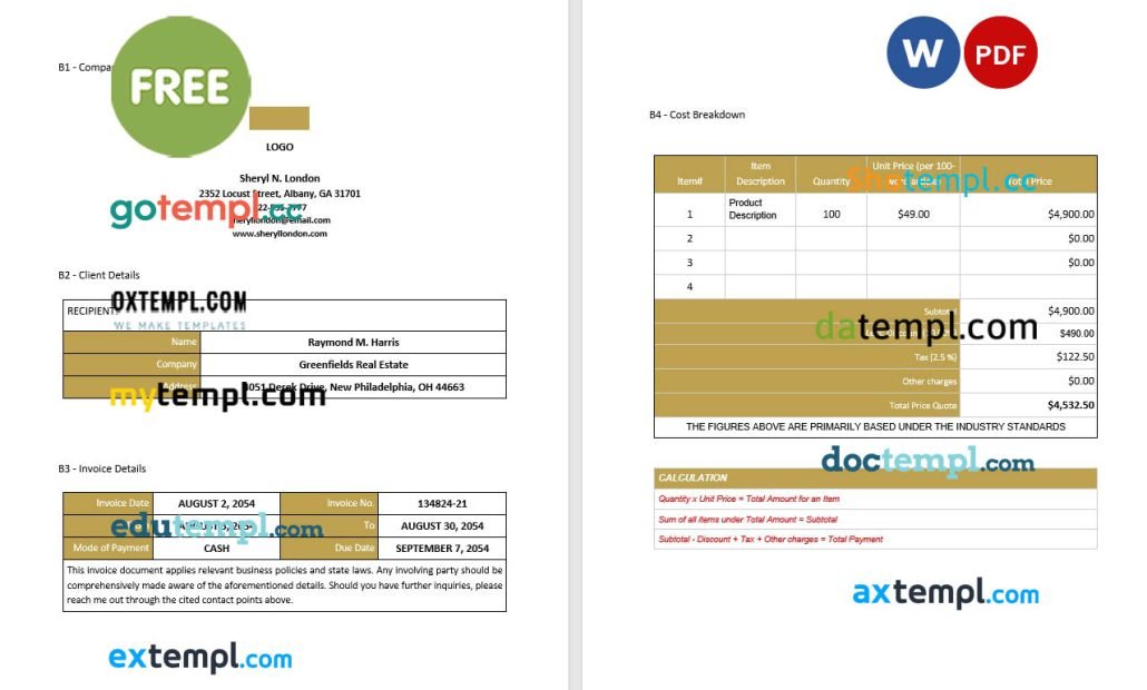 Professional Freelance Writer Invoice template in word and pdf format ...