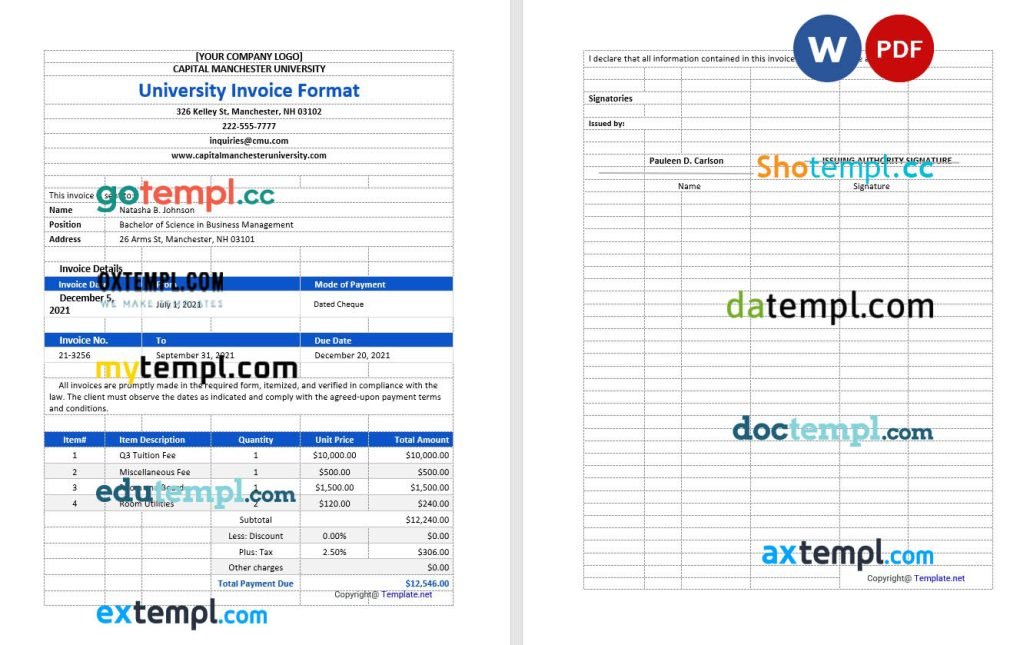 Sample University Invoice template in word and pdf format | download at ...