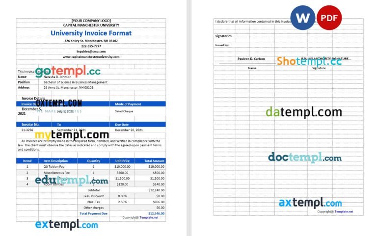 Sample University Invoice template in word and pdf format | download at ...