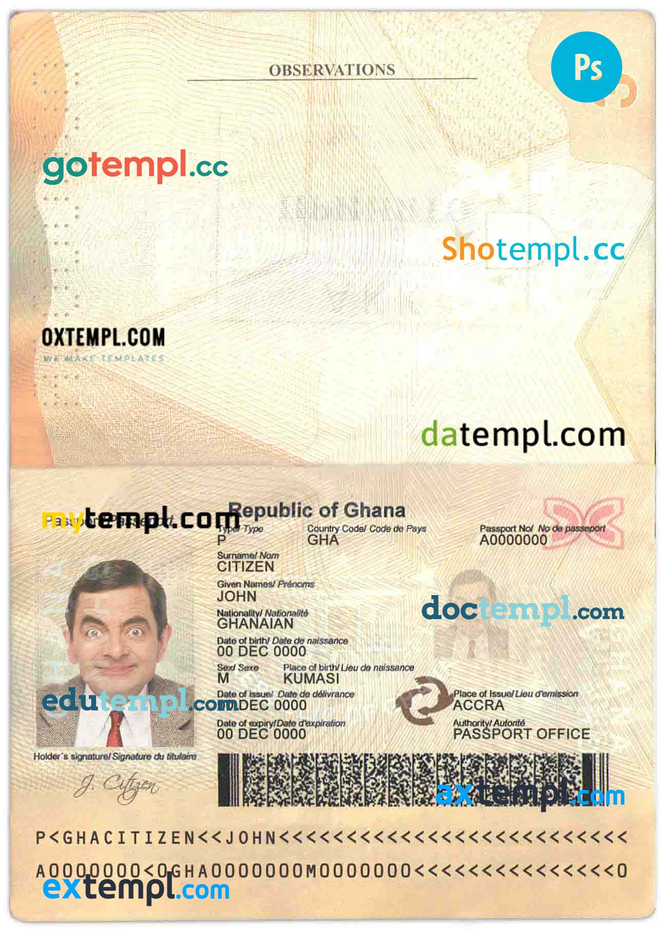 Ghana passport editable PSD files, scan and photo look templates, 2 in 1